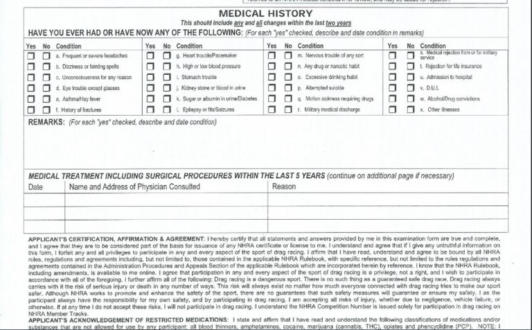NHRA APPLICATION FOR DRIVER’S MEDICAL CERTIFICATE – Maniac Mechanic