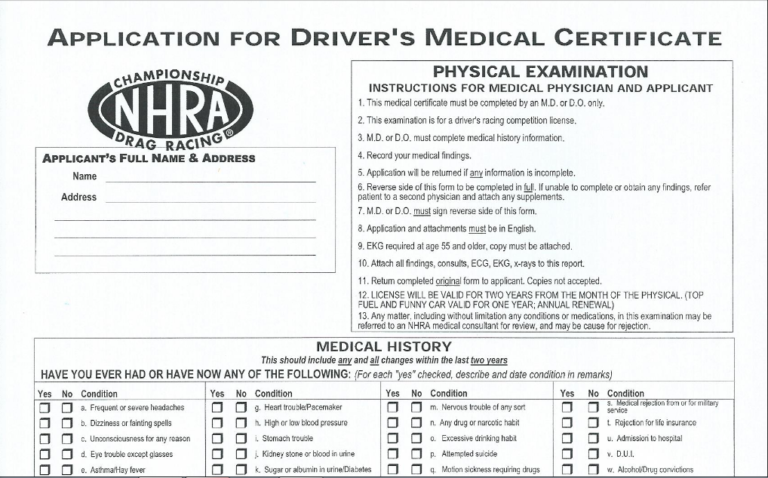 NHRA APPLICATION FOR DRIVER’S MEDICAL CERTIFICATE – Maniac Mechanic